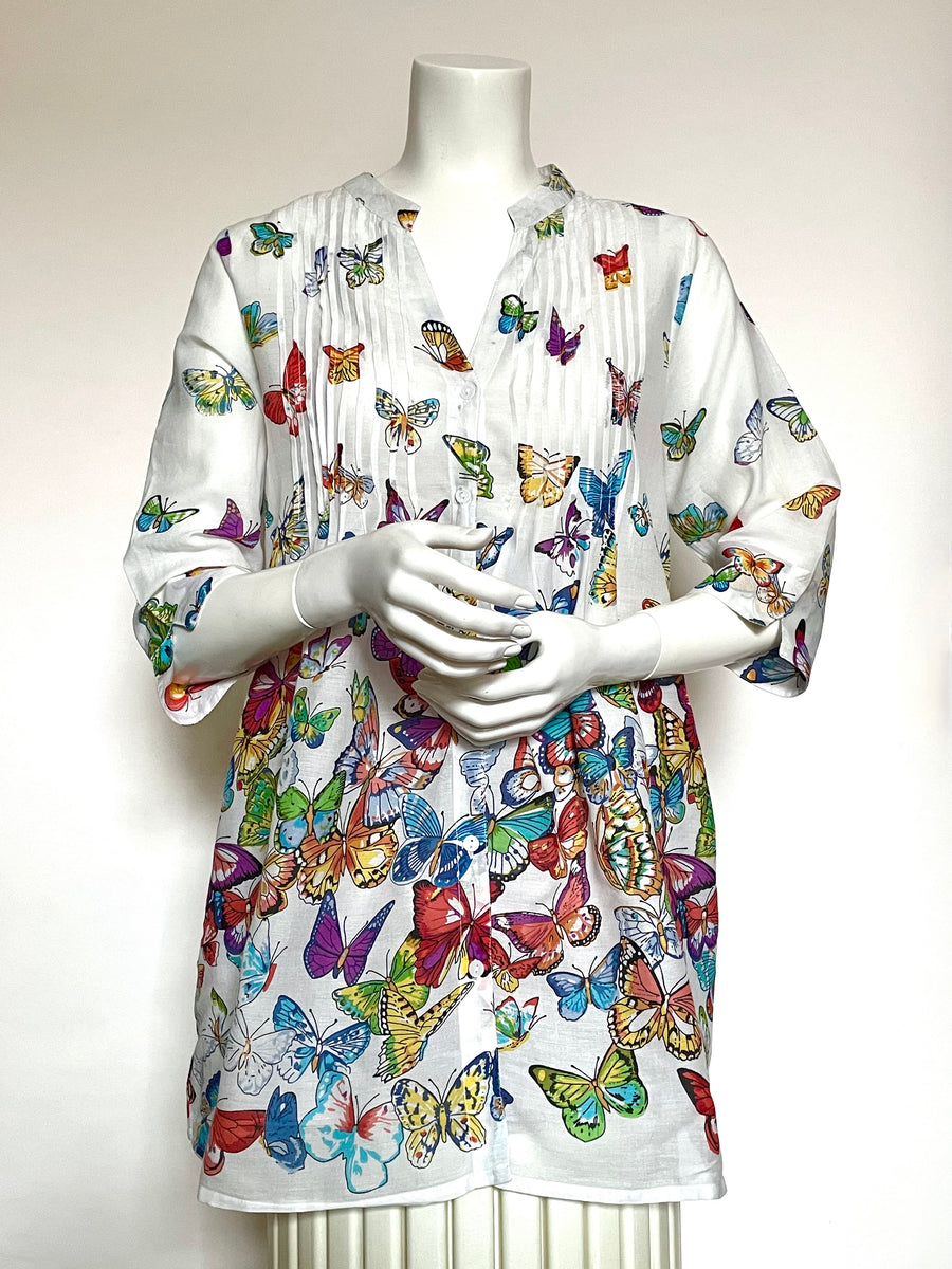 100% Cotton Pleated Blouse with Pockets in Butterfly Print – Eclection ...